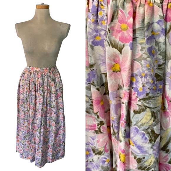 Skirts | Vintage Pastel Floral Pleated Cottage Midi Tea Length ...